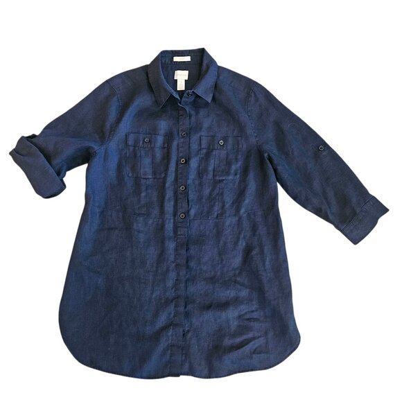 Chico's | Tops | Chicos Women Top Sz Us 8 Medium 10 Linen Navy Pockets ...